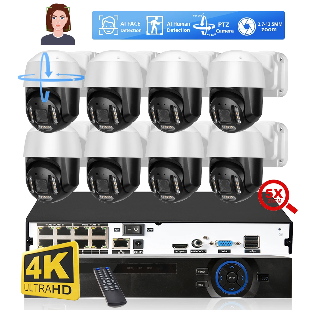 8CH-HD-4K-PTZ-Dome-5X-Optical-Zoom-Security-Camera-System-8MP-Ai-Face ...