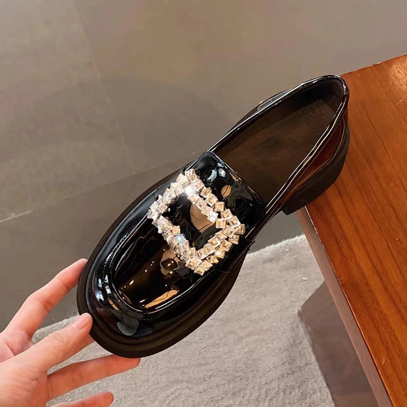 Rhinestone-Buckle-Platform-leather-shoes-woman-square-toe-chunky-heel ...