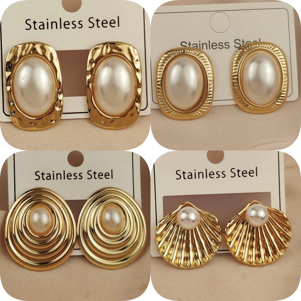 Charming heavy metal fan-shaped pearl 18K women's earrings, waterproof ...