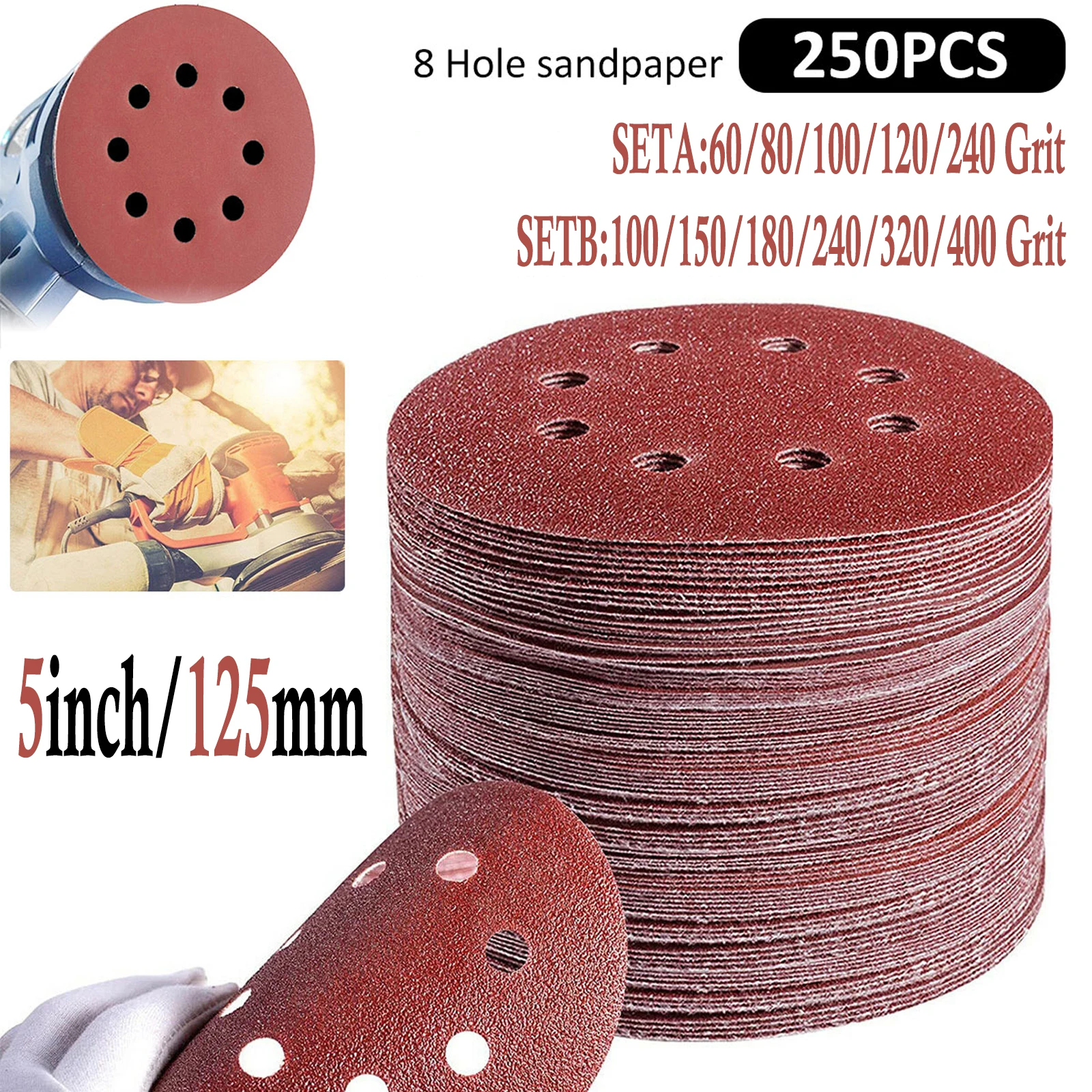 250Pcs-5inch-Round-Sandpaper-60-80-100-240-320-400-Grit-Metal-Polishing ...