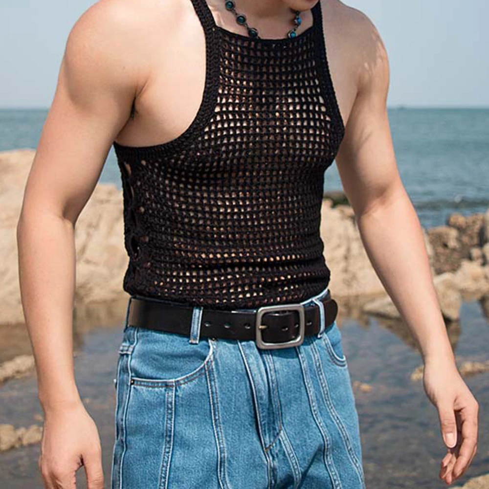 Trendy Sexy Mesh See Through Design Vests Men's Sexless Sleeveless Tank ...