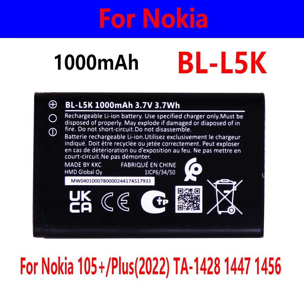 Mobile Phone Battery BL-L5K For Nokia 105+/Plus(2022) TA-1428 1447 1456 ...