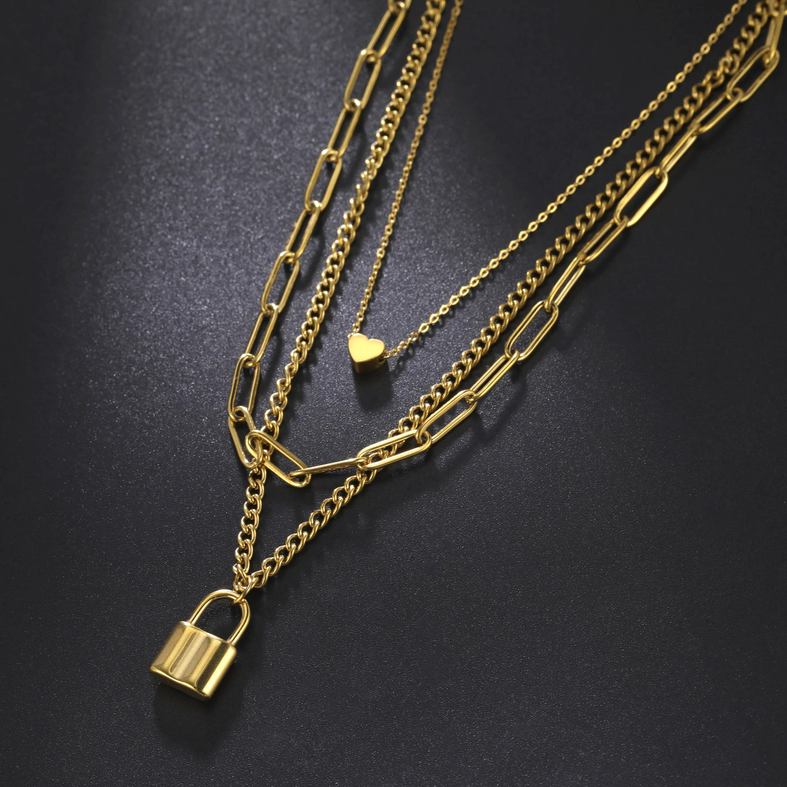 Stainless-Steel-Gold-Color-Lock-Necklace-for-Women-Hip-Hop-Three-Layer ...