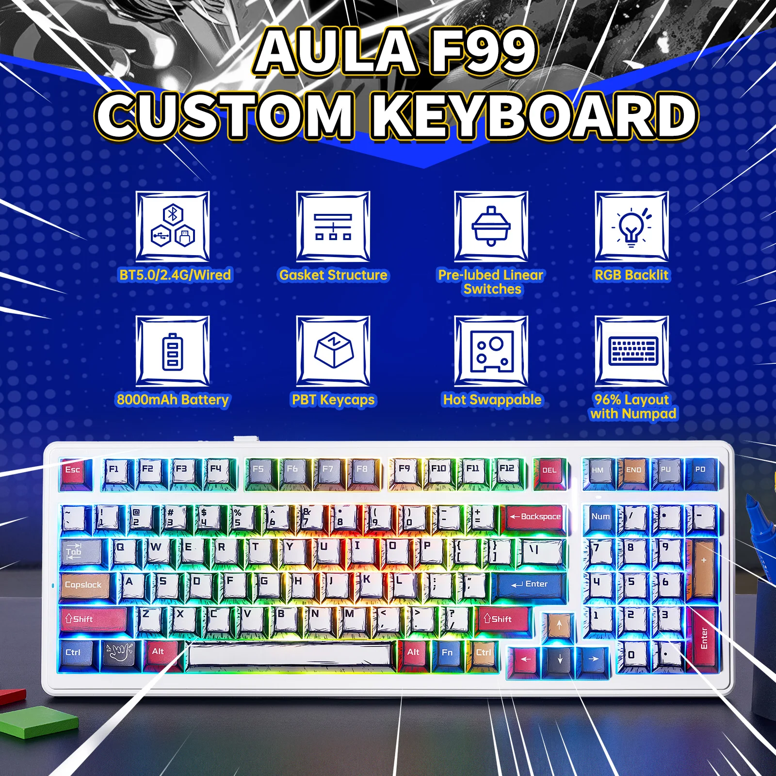 New AULA F75/F99 Pro Gaming Mechanical Keyboard PBT Comic Keycaps RGB ...