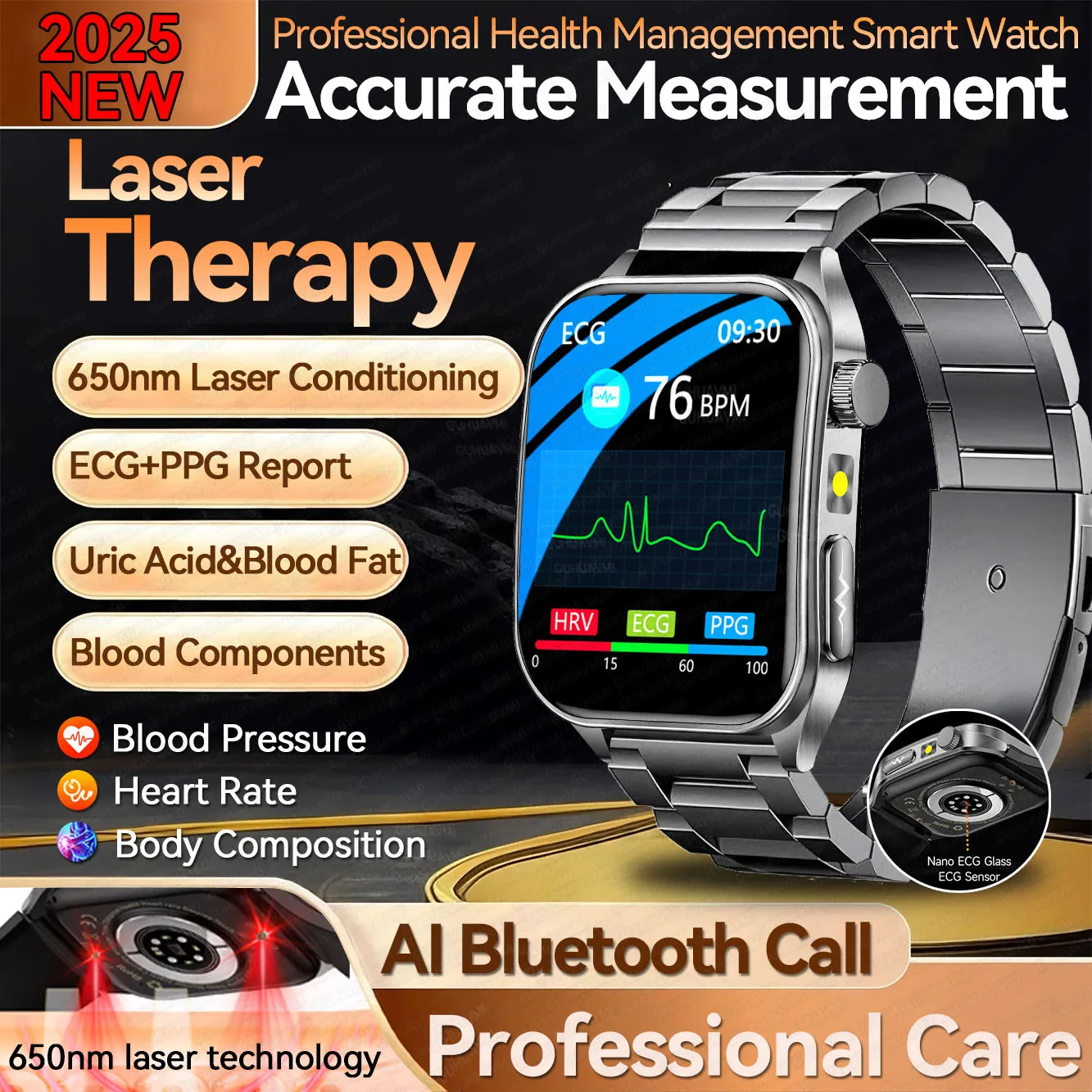 2025New Laser Therapy ECG+PPG Smart Watch Men 3D Curve Sapphire Glass ...