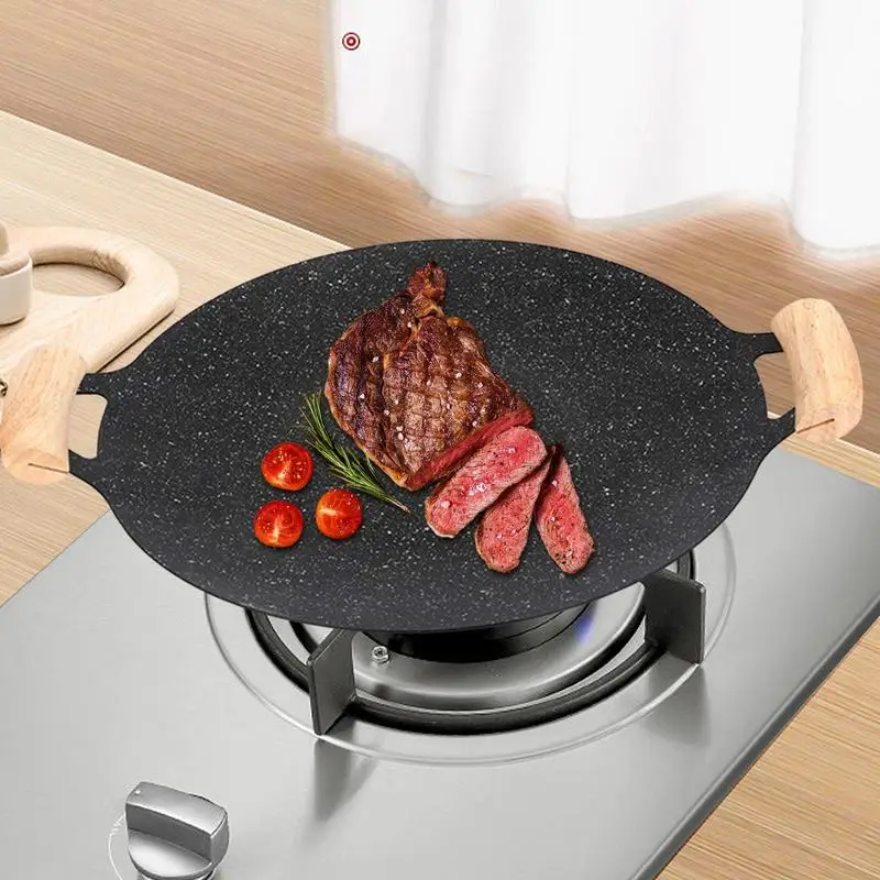 BBQ-Grill-Pan-Non-Stick-Cast-Iron-Baking-Pan-Frying-Pan-with-Wooden ...