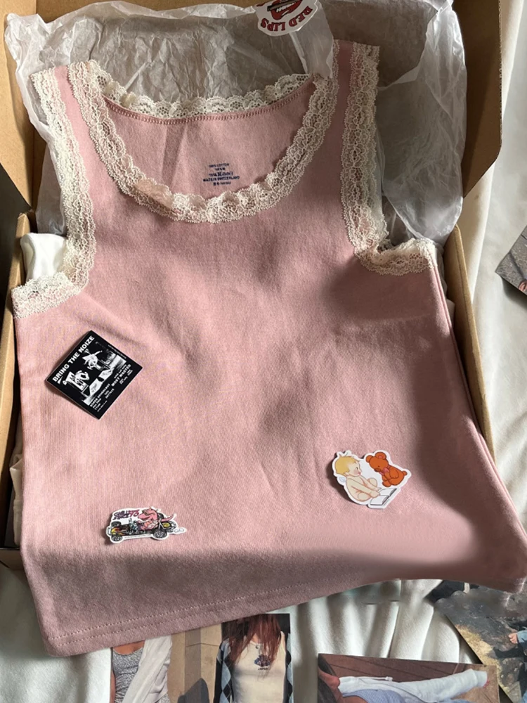 Camisetas-sin-mangas-de-encaje-rosa-para-mujer-camisetas-ajustadas-sin ...