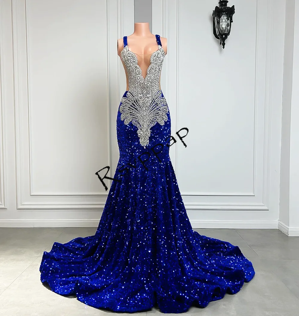 Royal-Blue-Mermaid-Prom-Dresses-2024-Silver-Diamonds-Crystals-Top-Sparkly-Sequin-Black-Girl-Long ...