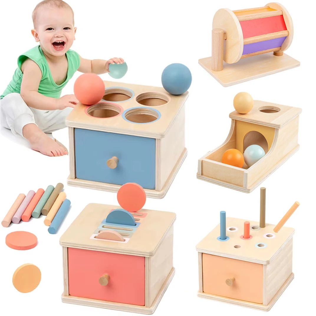 Montessori Coin Ball Box Baby Toy Wooden Object Permanence Box Macaroon ...