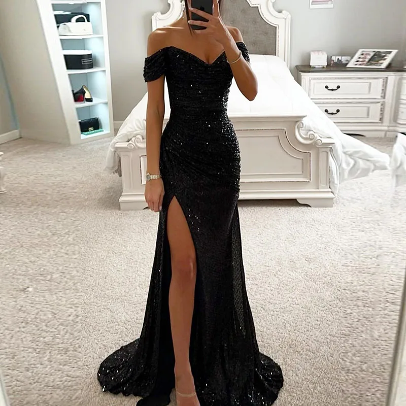 Women-Fashion-Strapless-Split-Long-Dress-Elegant-Off-Shulder-Draped ...