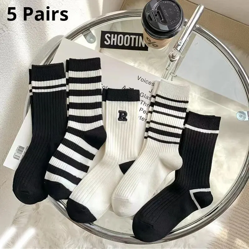 5-Pairs-Women-s-Mid-Length-Socks-Black-And-White-Four-Seasons-Outerwear ...