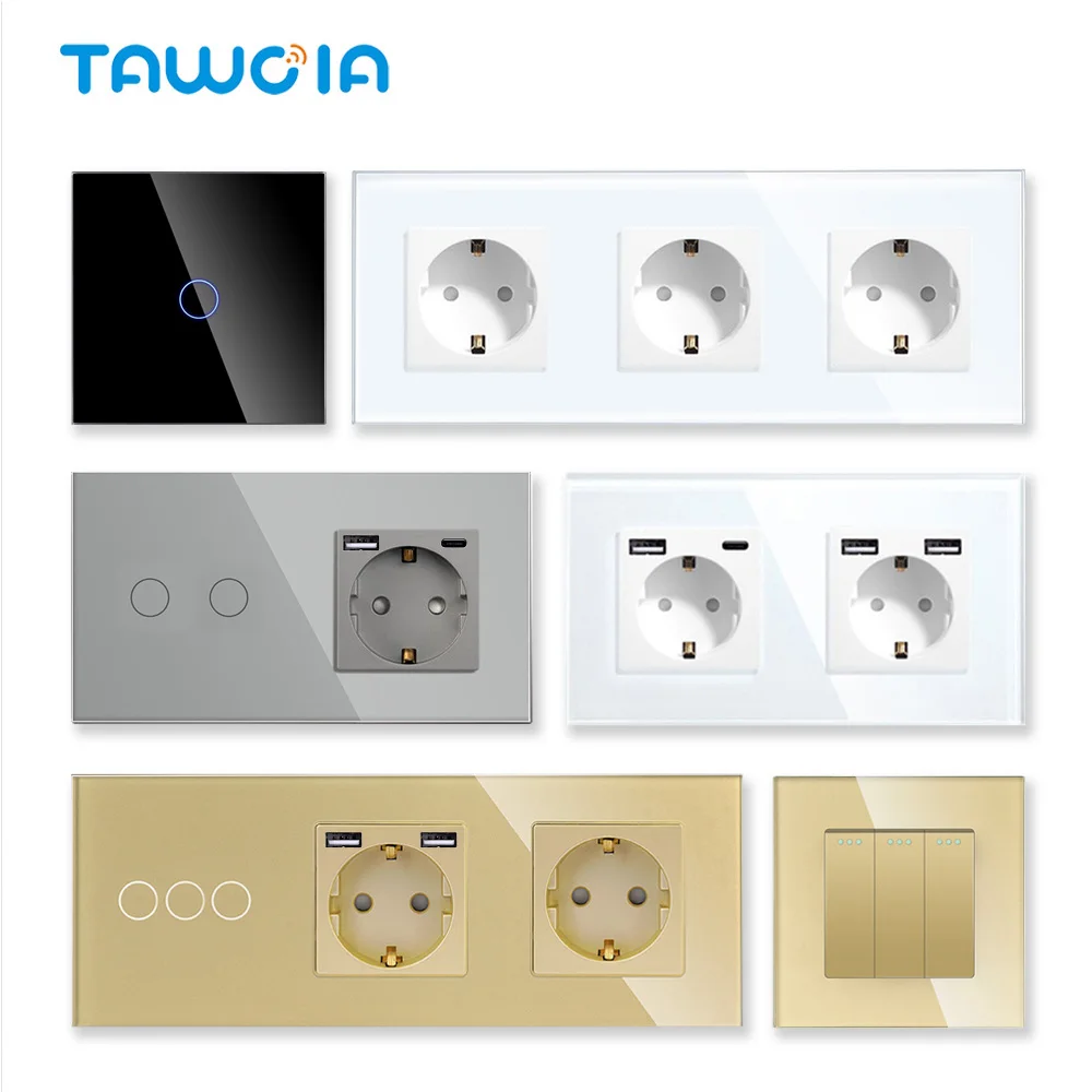 TAWOIA EU Standard Power Socket Touch Switch Crystal Panel USB Double ...