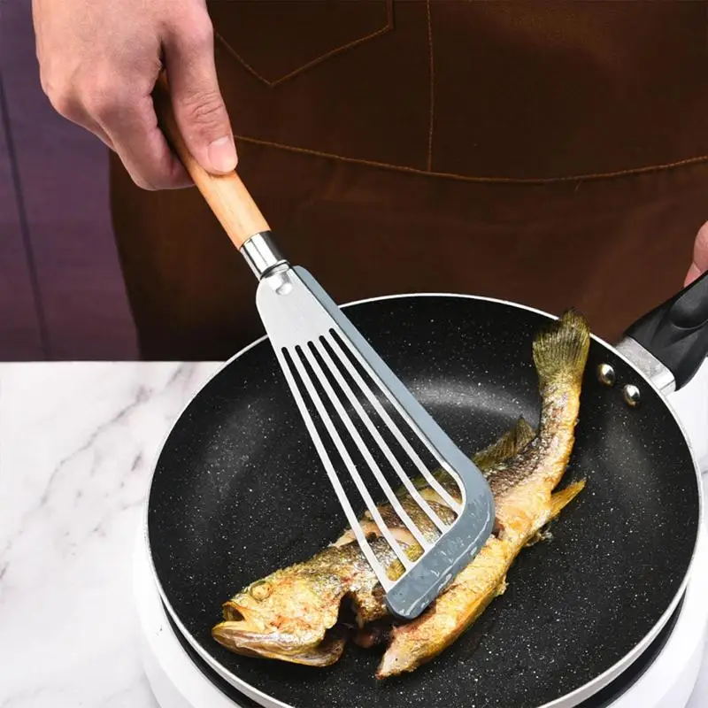 Stainless-Steel-Wooden-Handle-Frying-Fish-Spatula-Kitchen-Spatula-For ...