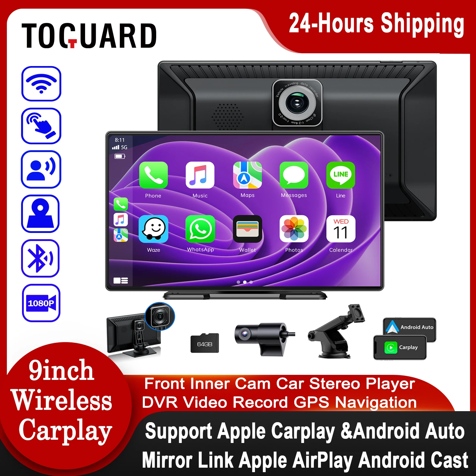 TOGUARD-Carplay-Monitor-9inch-Wireless-Car-Screen-Android-Auto-Car-Stereo-Player-GPS-Wifi-BT ...