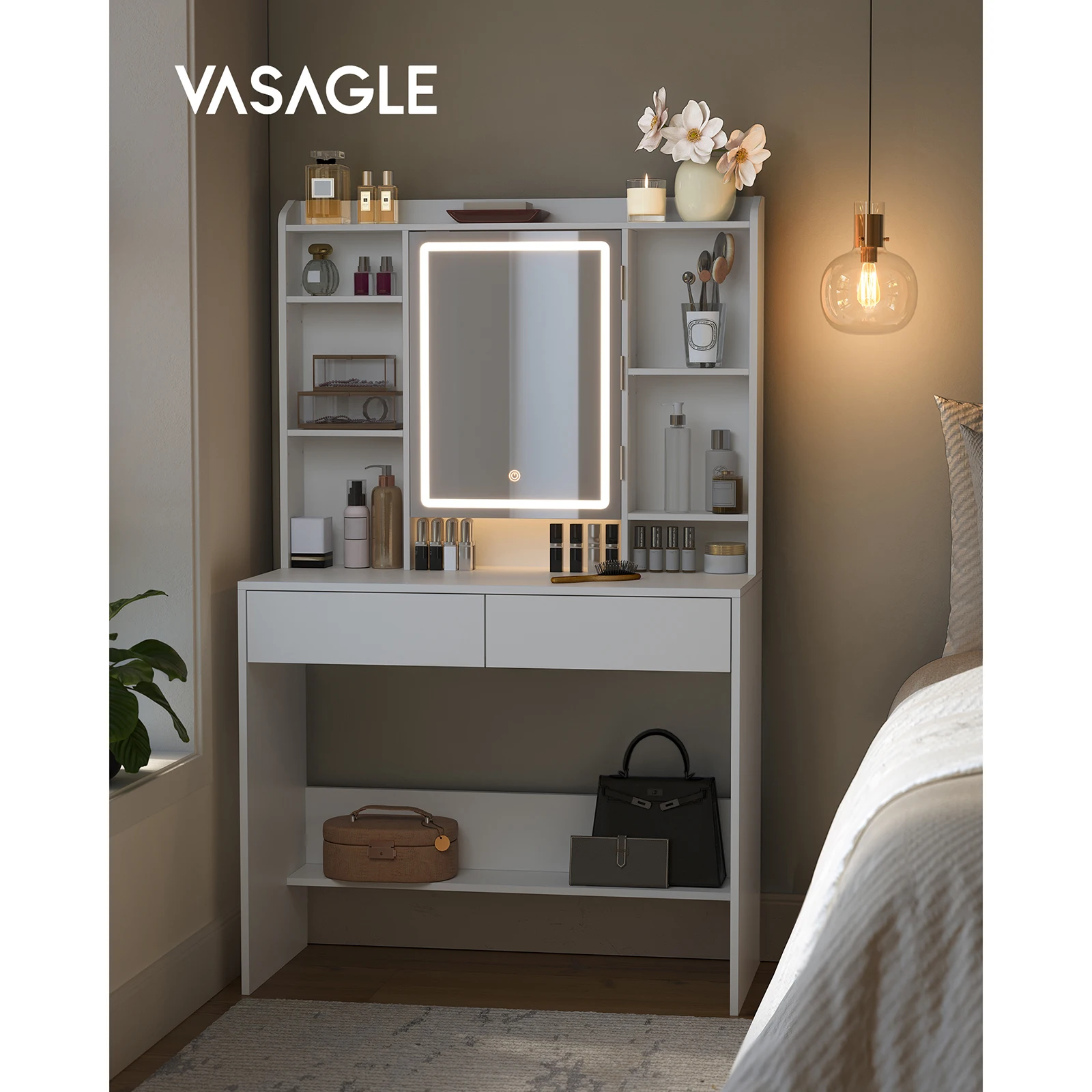 VASAGLE Dressing Table with LED Mirror, 3 Colors, Adjustable Brightness ...