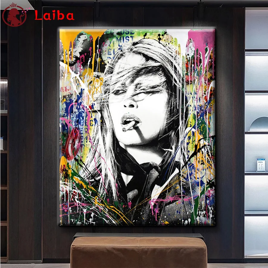 5D round Diamond Embroidery Modern Doodle Art Smoking Woman Diamond ...