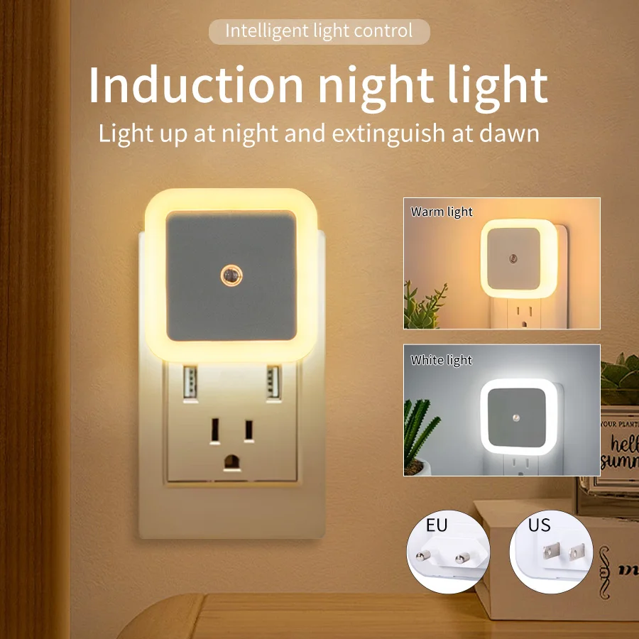 LED Nightlight With Light Sensor Square US/EU Plug-in Wall Lamp Cabinet ...