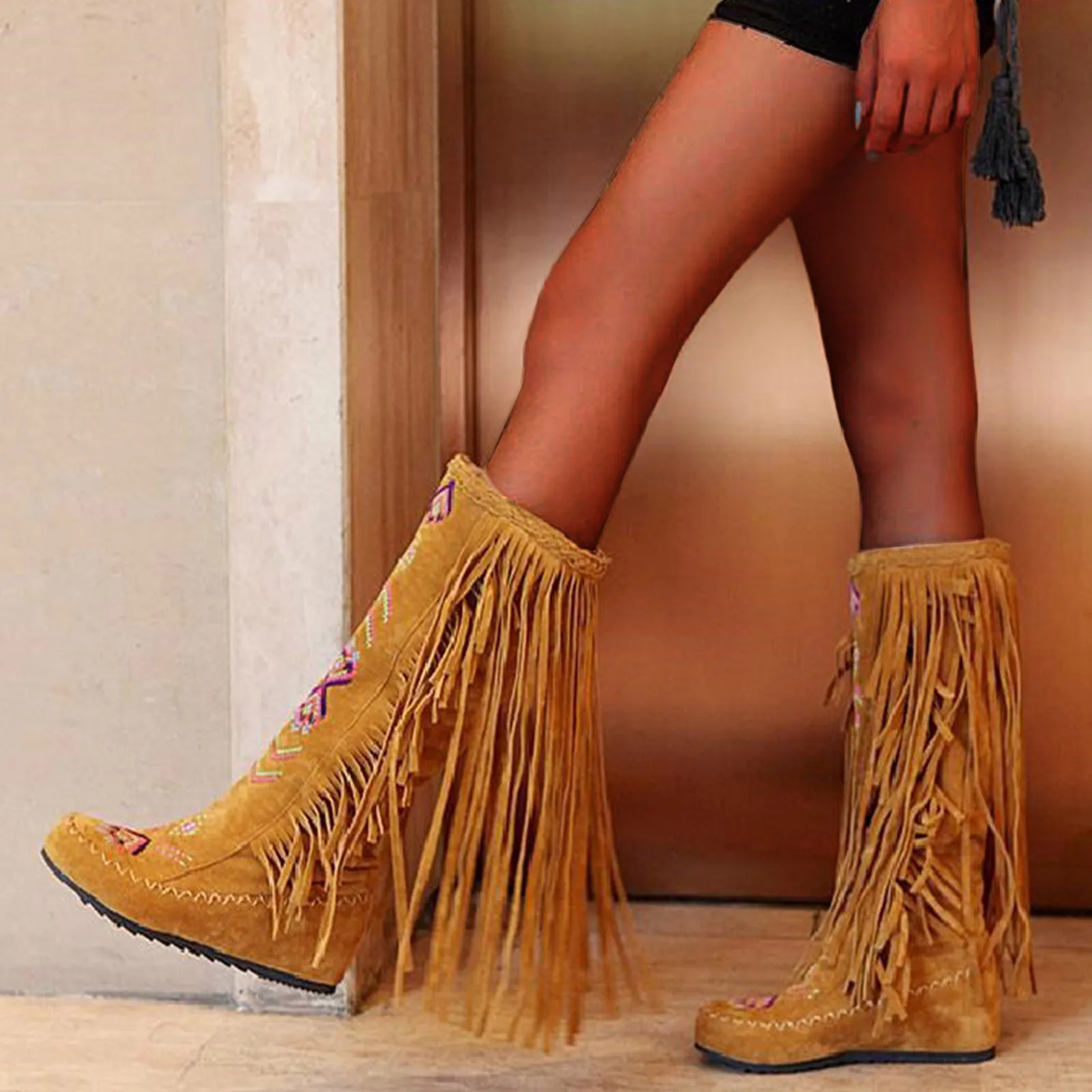 Botas-de-media-ca-a-con-flecos-bordados-para-mujer-botines-de-tac-n ...