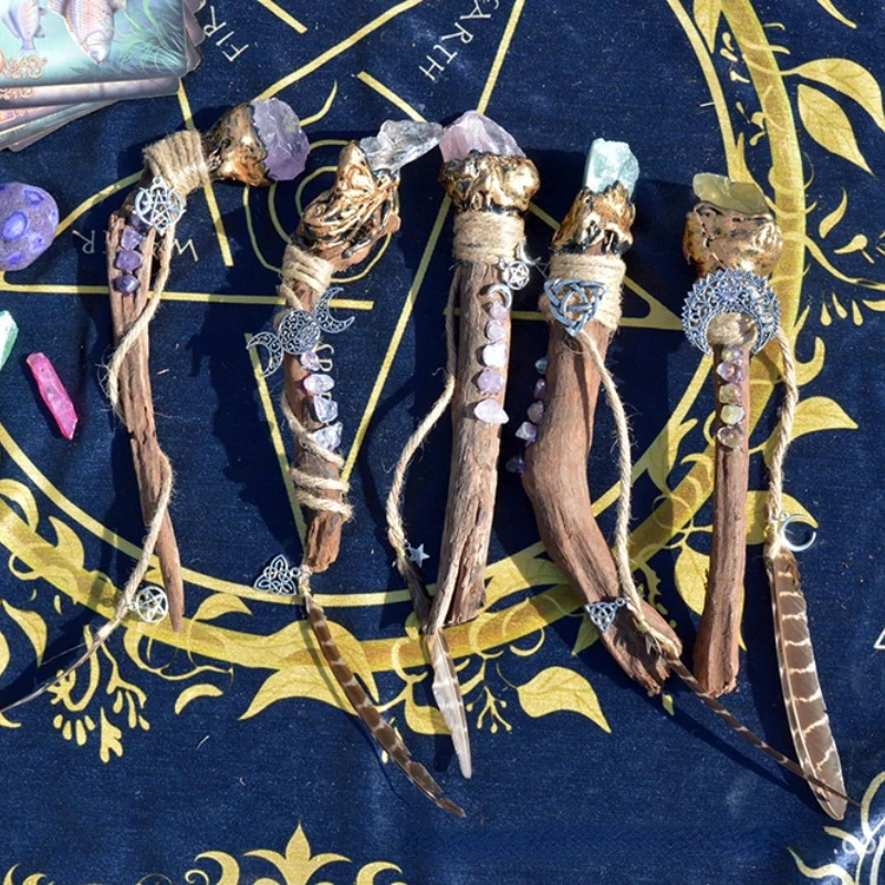 Natural-Branch-Witch-Staff-Celtic-Crescent-Feather-Pendant-Handicraft ...