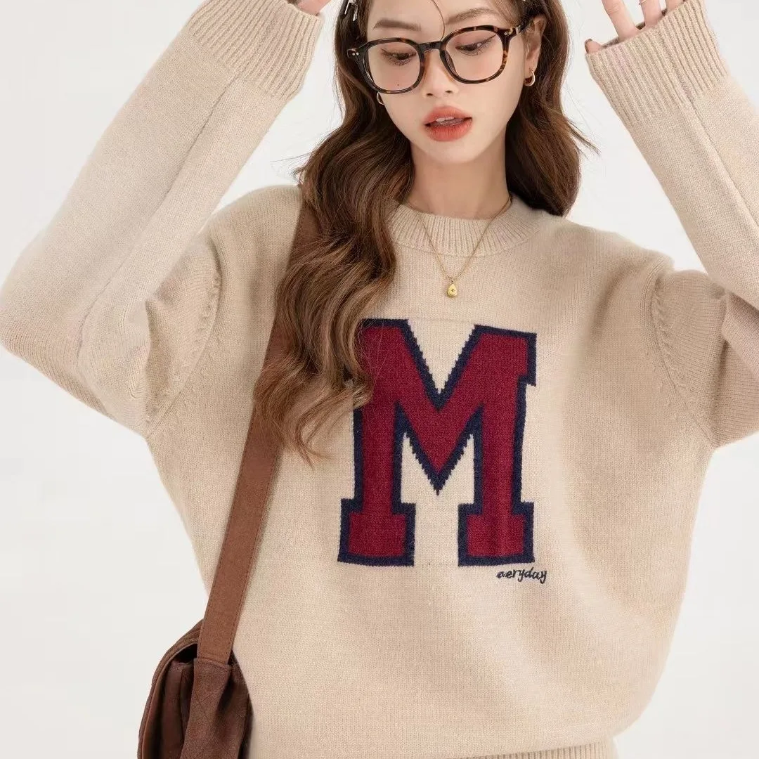 Autumn-Winter-Women-Wool-Sweater-French-Style-M-Letter-Jacquard ...