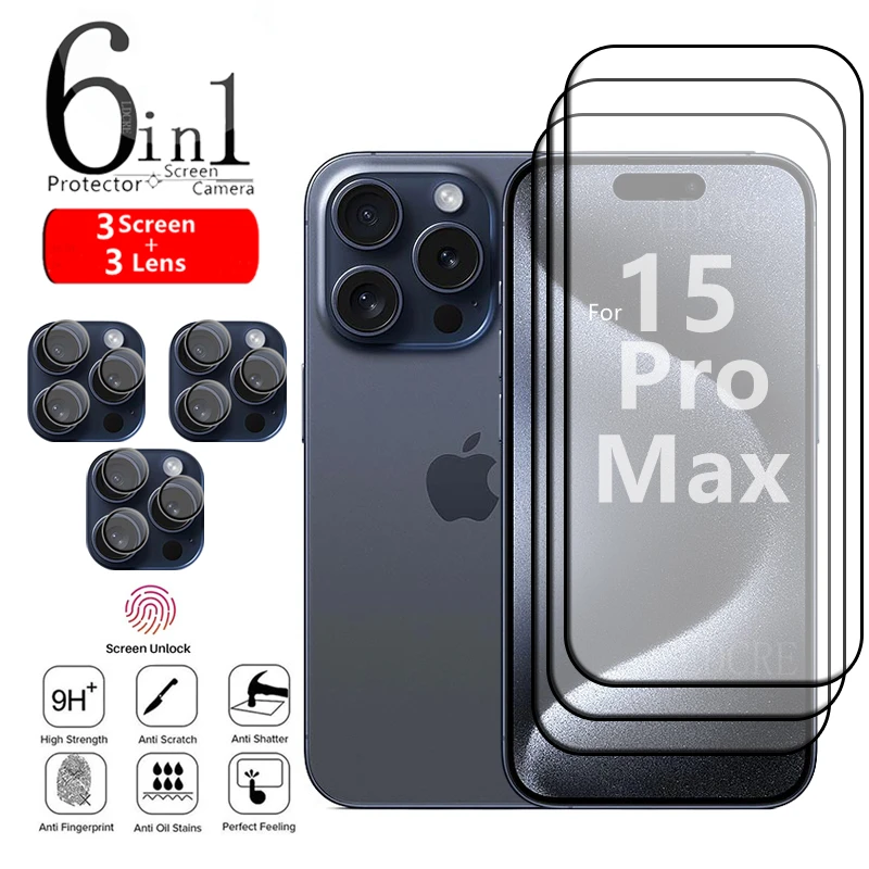 6-in-1 For iPhone 15 Pro Max Glass For iPhone 15 Tempered Glass Screen ...