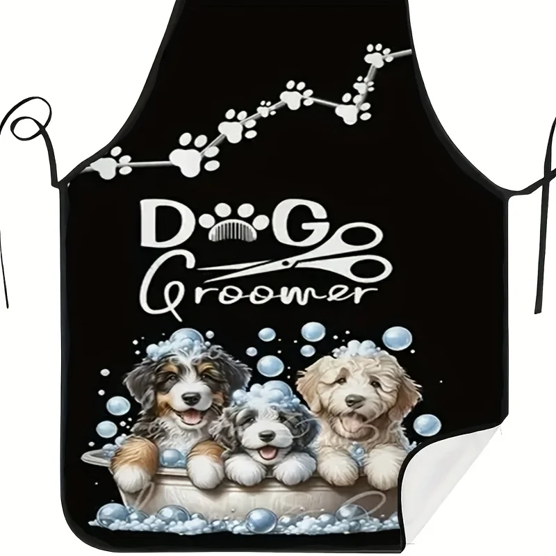 Women'S Dog Groomer Apron Cute Puppy Dog Haircut Design with Bubble Paw ...