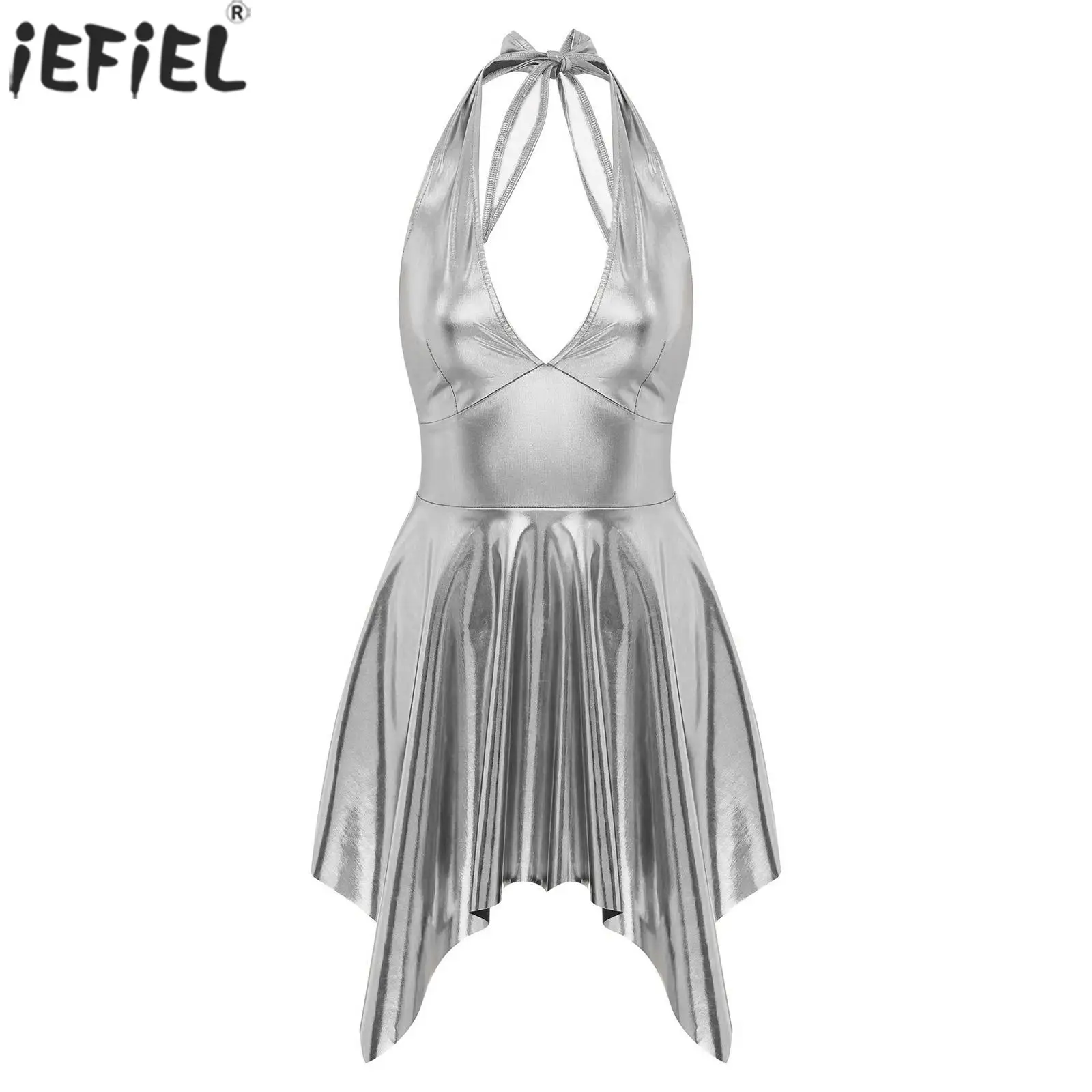 Womens-Metallic-Shiny-Halter-Dress-Deep-V-Sleeveless-Backless-Self-Tie ...