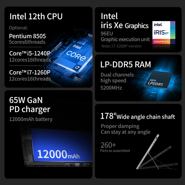 T1 13" 2K IPS Laptop 2-IN-1 Tablet Intel 12th CPU Core i7-1260P i5 ...