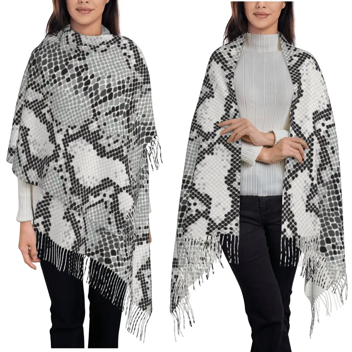 Gray Snake Skin Animal Print Scarf Tassel Scarves for Women Soft Warm ...