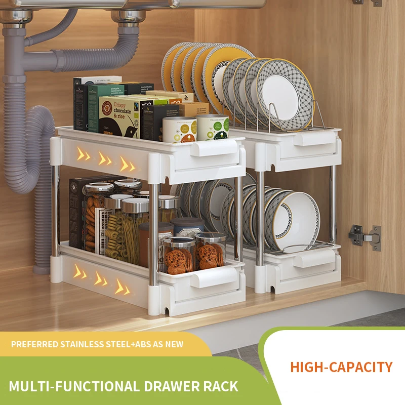 Kitchen Under Sink Storage Organizer Sliding Drawer Storage Rack 2 Tier ...