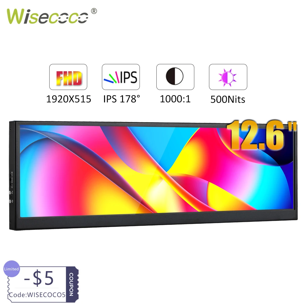 Wisecoco 12.6 Inch Stretched Bar LCD Monitor Portable IPS Screen HDMI ...