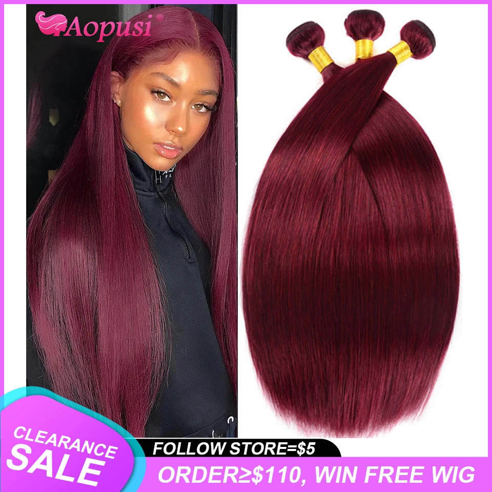 Aopusi 99J Straight Brazilian Human Hair Bundles Burgundy Red Straight ...