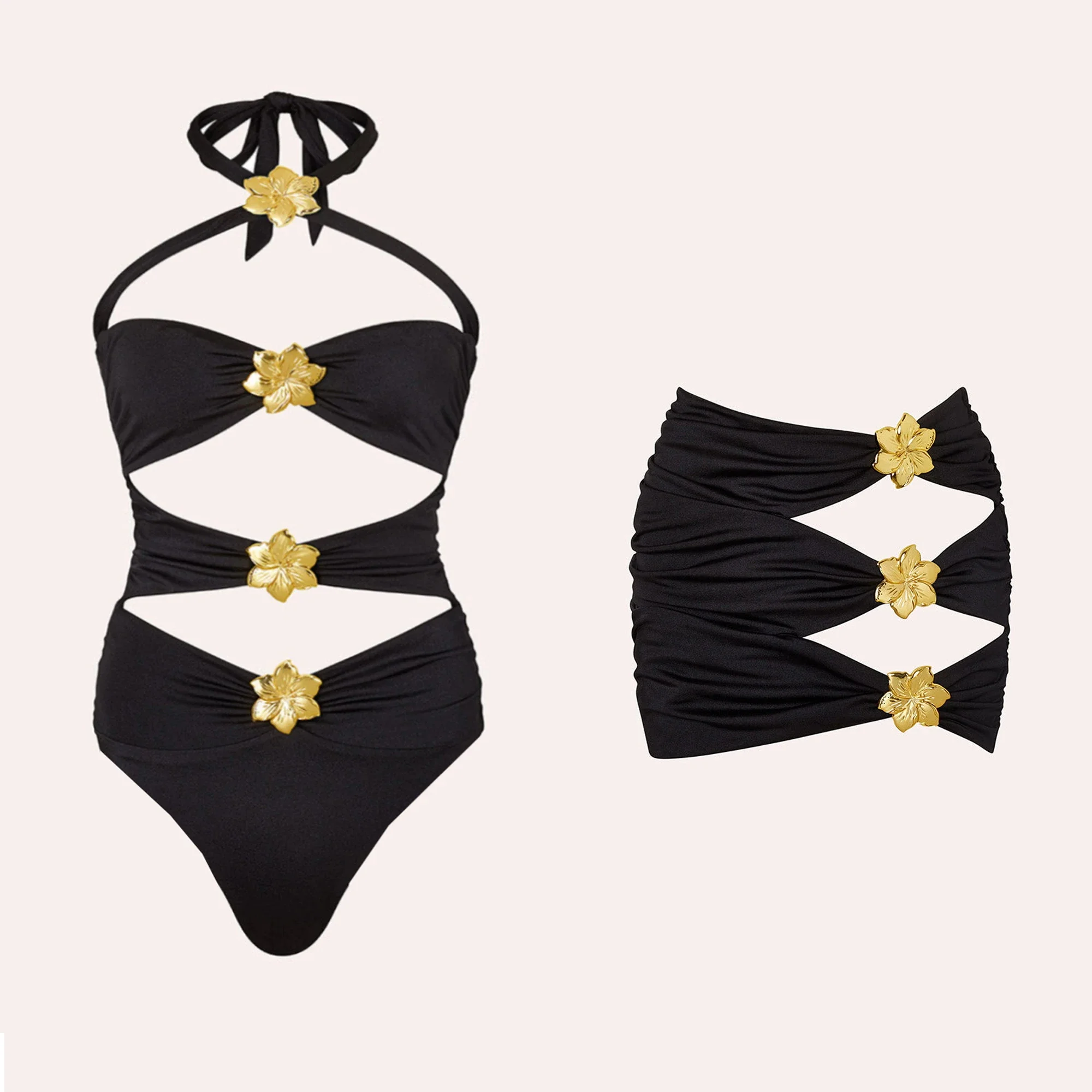 2025 New Sexy Cutout One Piece Swimsuit and Skirt Swimwear Women Metal ...