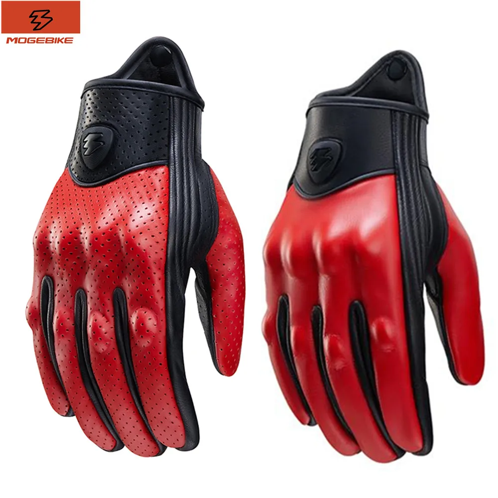 Retro Red Leather Motorcycle Gloves Men Women Breathable Perforated ...