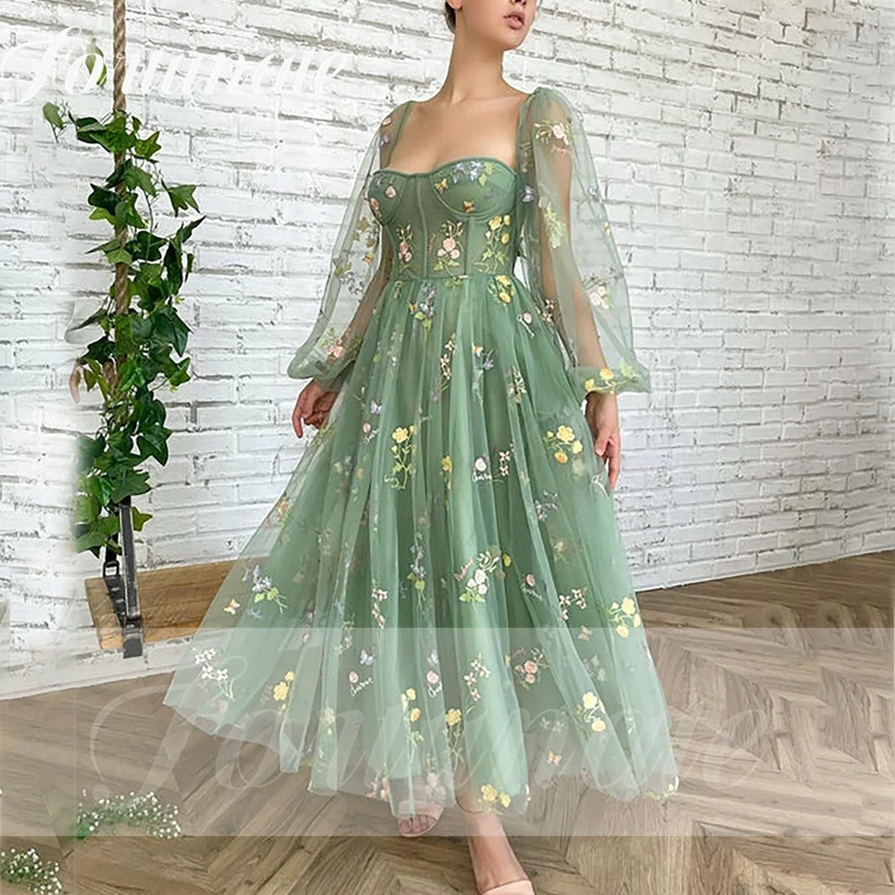 Princess-Sage-Green-Prom-Dress-Puff-Long-Sleeve-Floral-Embroidery-Tulle ...