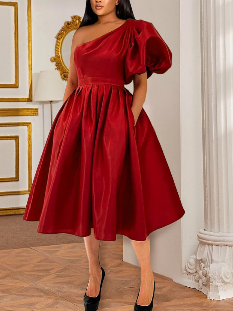 AOMEI-Party-Dress-Women-One-Shoulder-Red-Midi-Pleated-Robes-Short ...