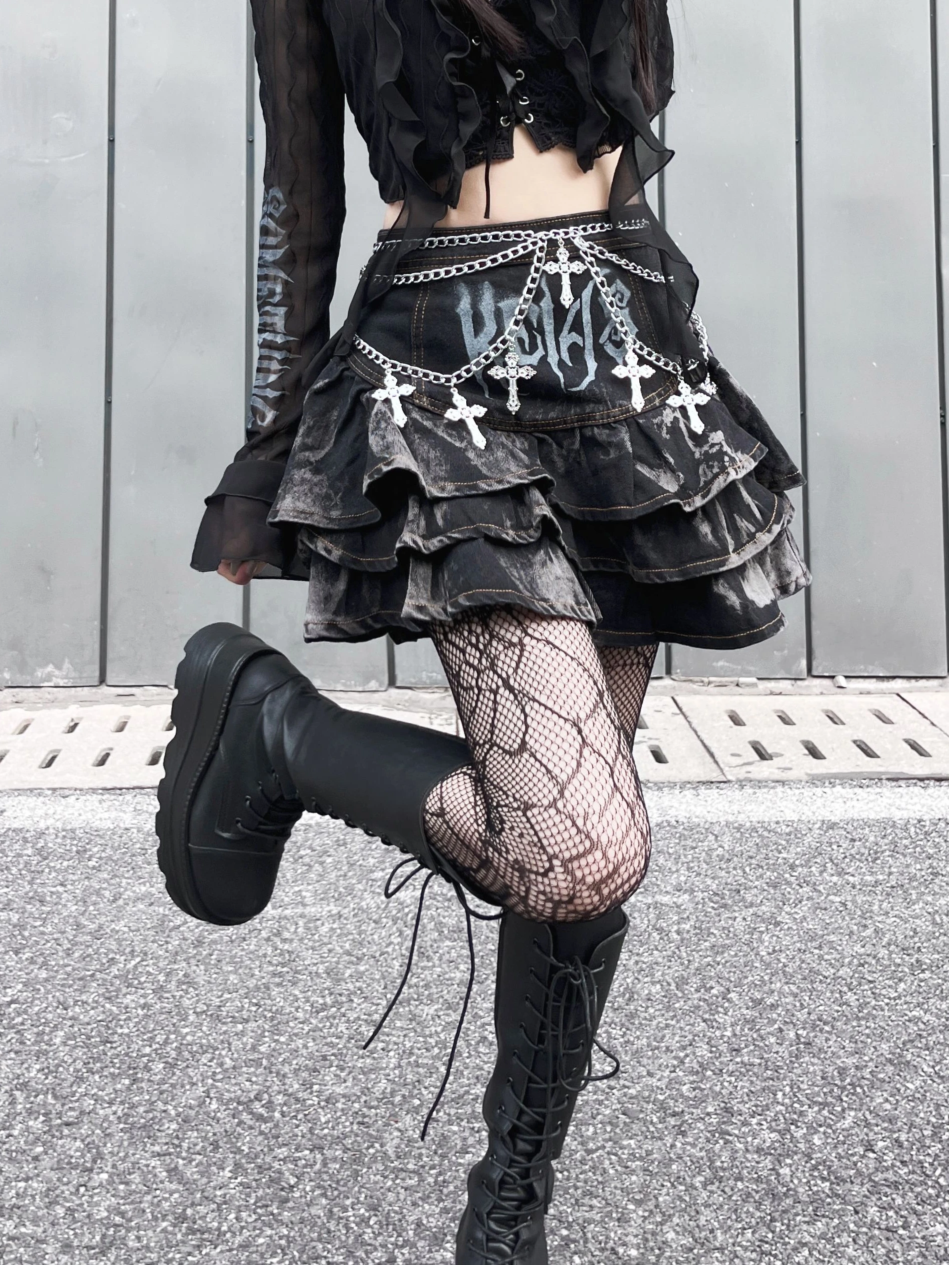 Dark-Gothic-Cake-Denim-Short-Skirt-Subculture-Rock-A-line-Print-High ...