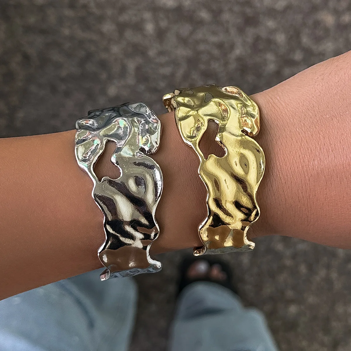 HUANZHI-Irregular-Lava-Hollow-Metal-Liquid-Fold-Open-Bracelet-Bangle ...