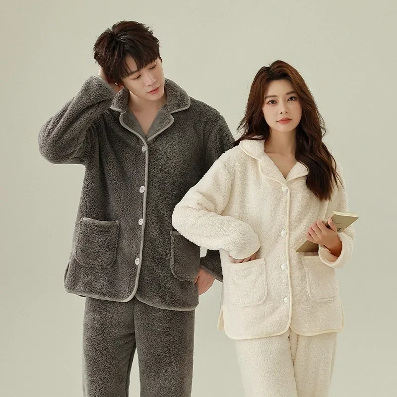 Super-Soft-Couple-Pajamas-Winter-and-Fleece-Heavy-Coral-Flannel-Solid ...