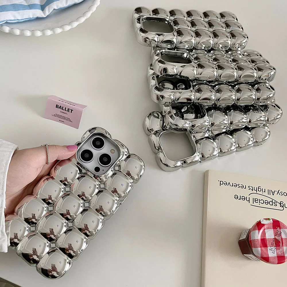 Electroplated-Silver-3D-Egg-Puffs-Folds-Phone-Case-For-iPhone-14-13-Pro ...