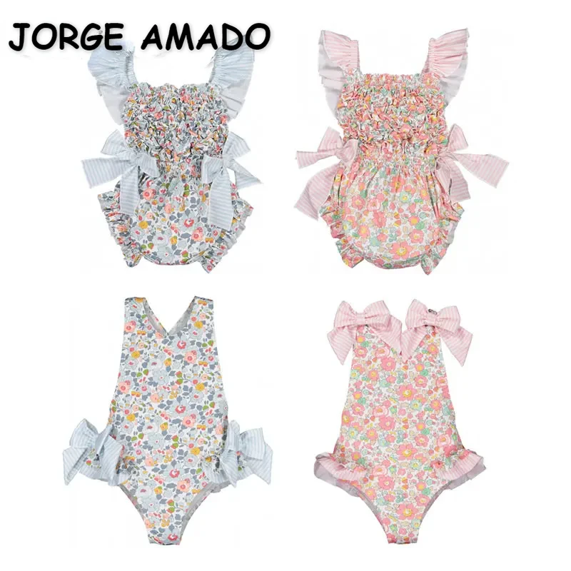 Baby Girls Swimwear Blue/Pink Floral Print Cute Bow One Piece Suspender ...
