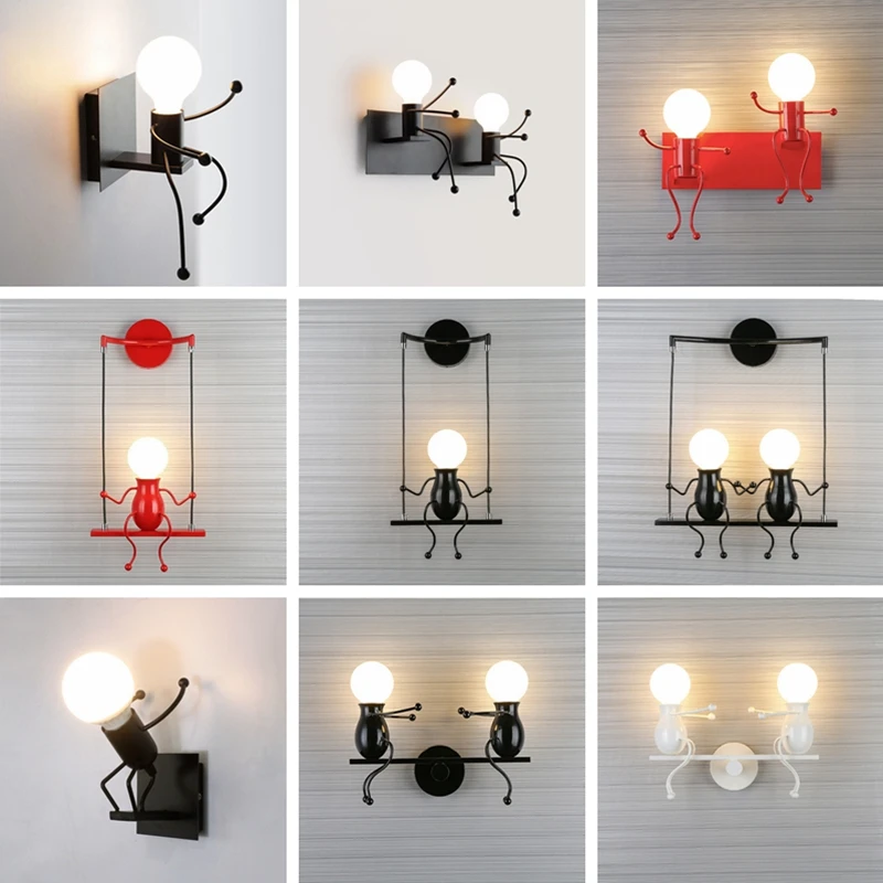 Creative-Humanoid-LED-Wall-Light-E27-Iron-Cartoon-Little-Man-Swing-Wall ...