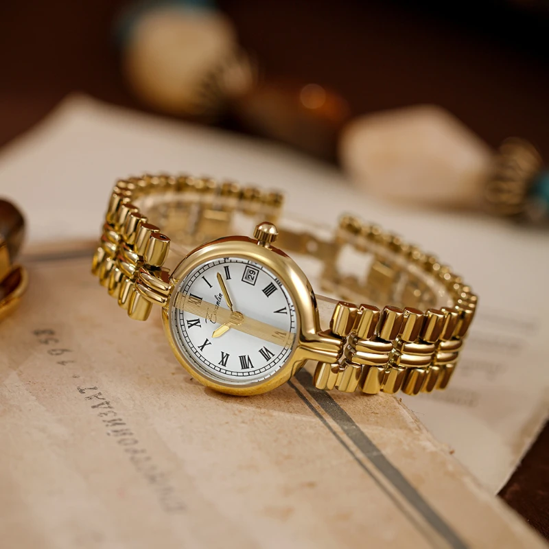 Vintage-small-gold-watch-round-dial-bracelet-quartz-watch-stainless ...