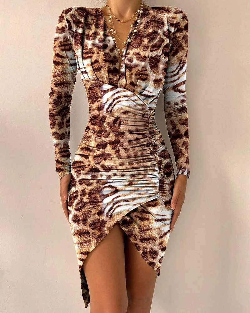 Printed V Neck Pleated Tunic Slit Irregular Sexy Party Bodysuit Dress