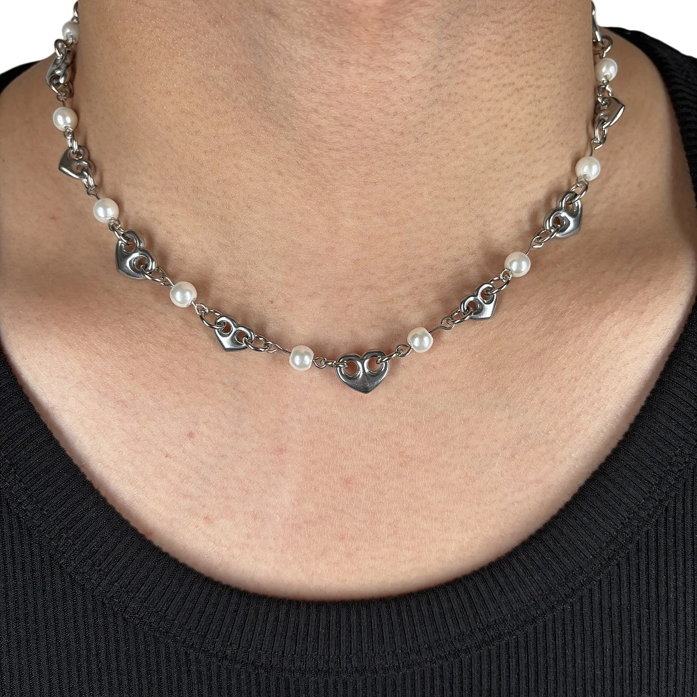 Titanium Steel Heart Pearl Splicing Choker For Man Woman Punk Metal ...