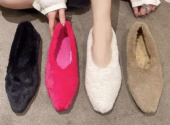 New Fashion Pointed Toe Plush Ballet Flats Woman's Winter Warm Slippers ...