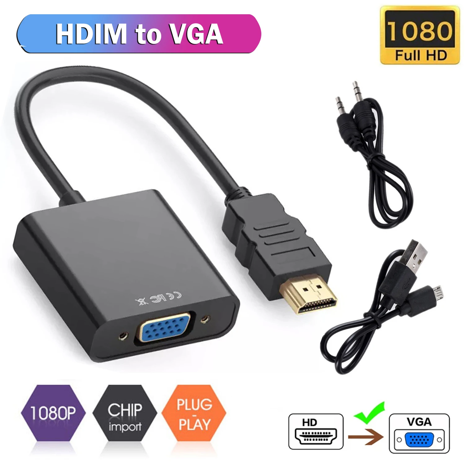 HDMI-to-VGA-Adapter-Gold-Plated-1080P-Full-HD-Male-to-Female-HDTV-HDMI ...
