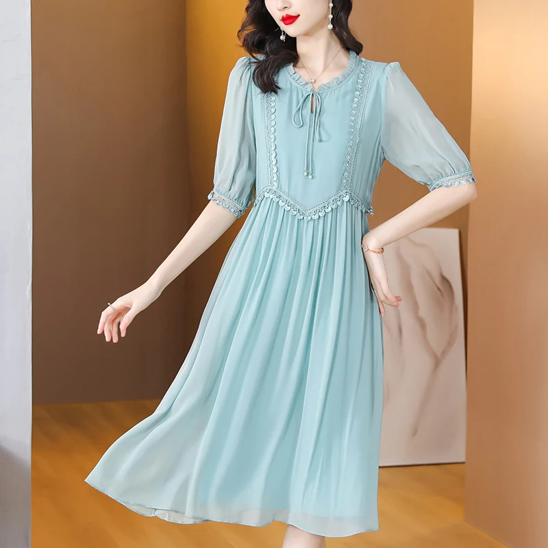 Blue-Silk-Short-Sleeved-Dress-For-Spring-Women-2023-New-High-Mulberry ...