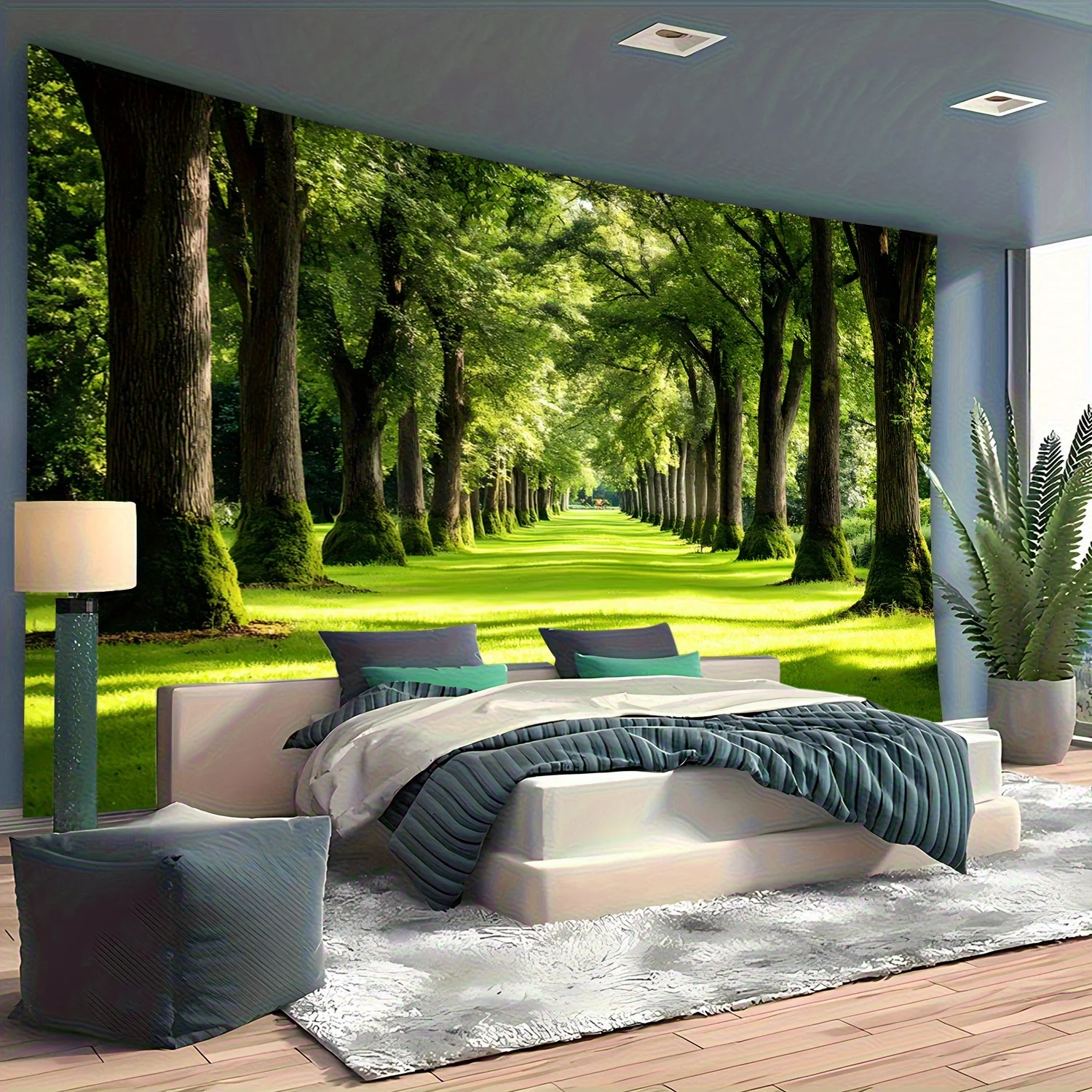 Realistic Forest Wall Tapestry - Large Horizontal Green Trees & Sunny ...