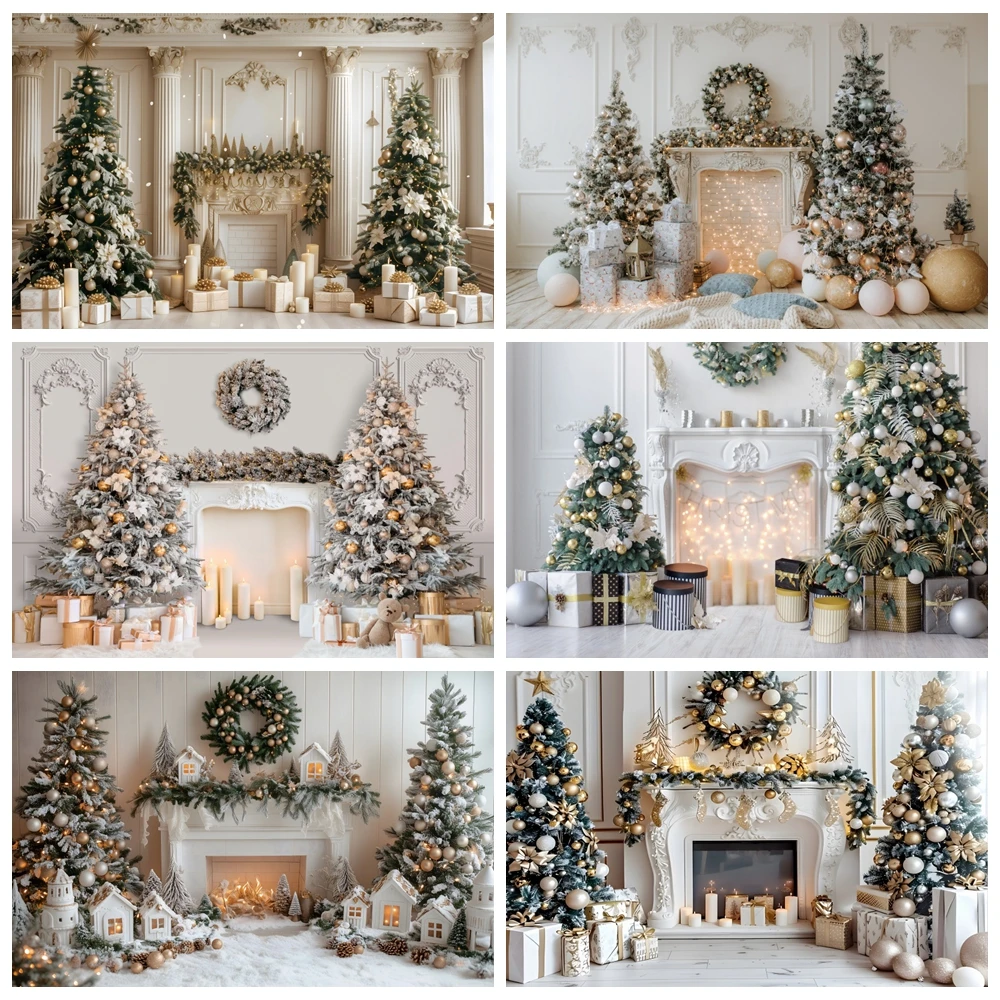 White-Christmas-Backdrop-Photography-Winter-Xmas-Fireplace-Gift-Wreath ...